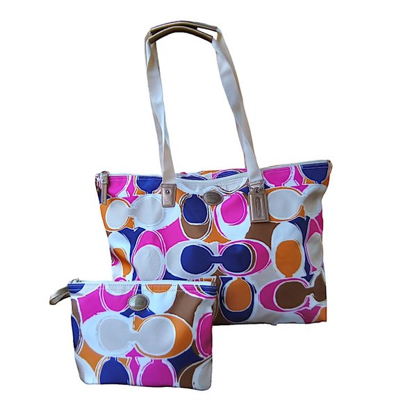 Coach | Bags | Coach Multi Color Op Art Nylon Leather Tote Bag With ...